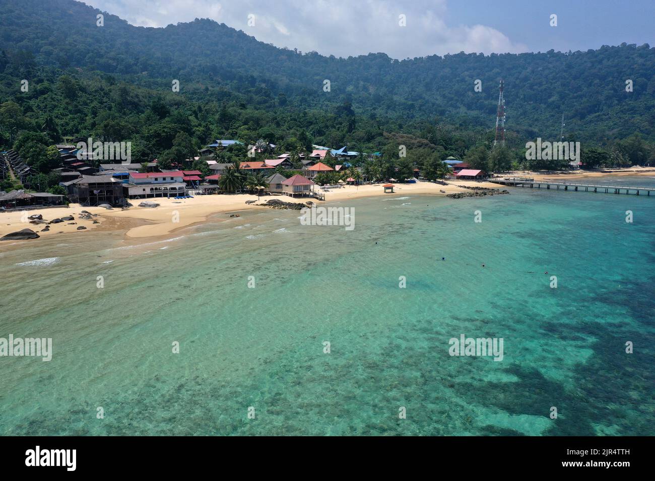 Tioman tropical island drone photo with beautiful blue sea and sky ...