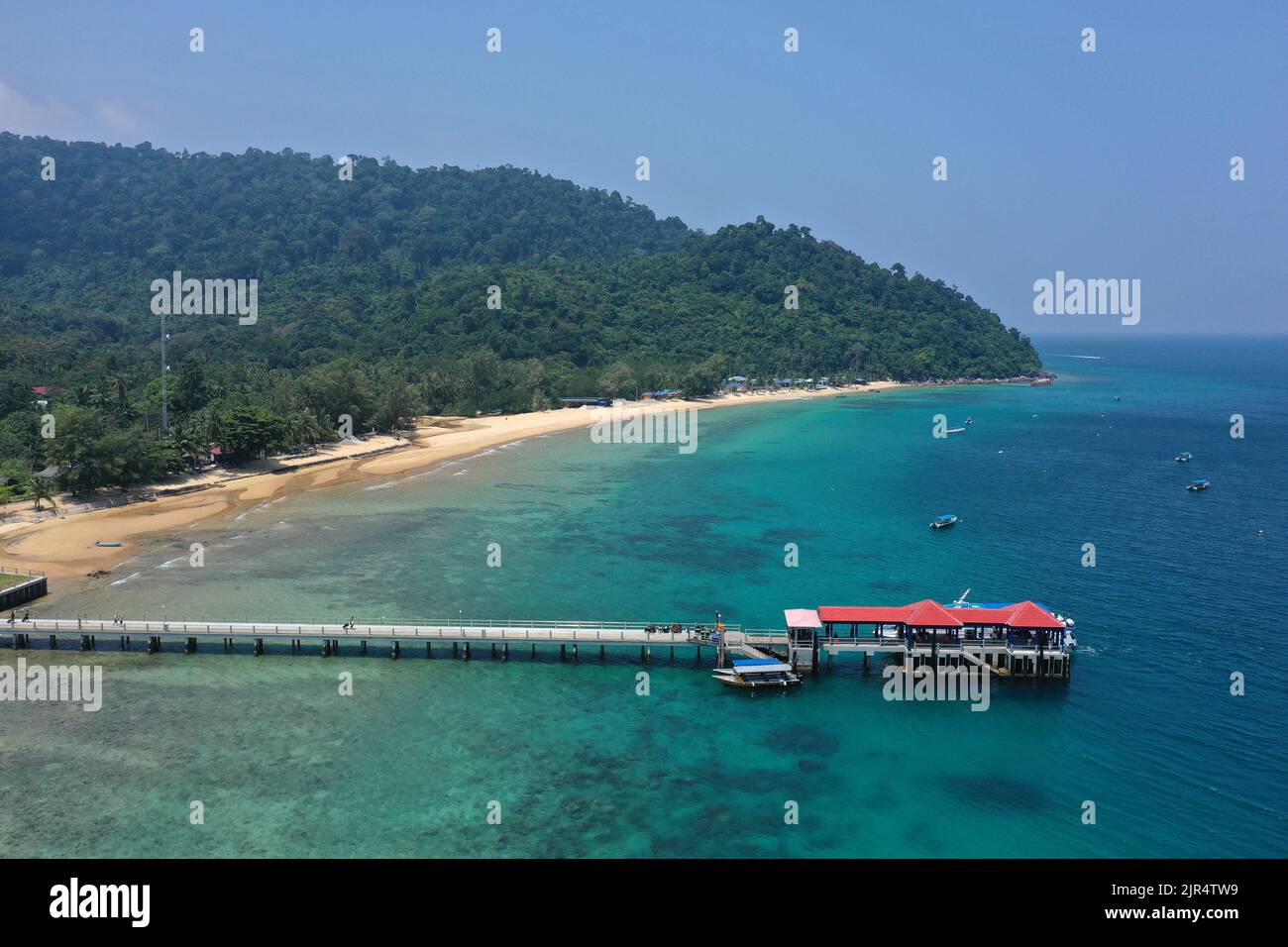 Tioman tropical island drone photo with beautiful blue sea and sky ...