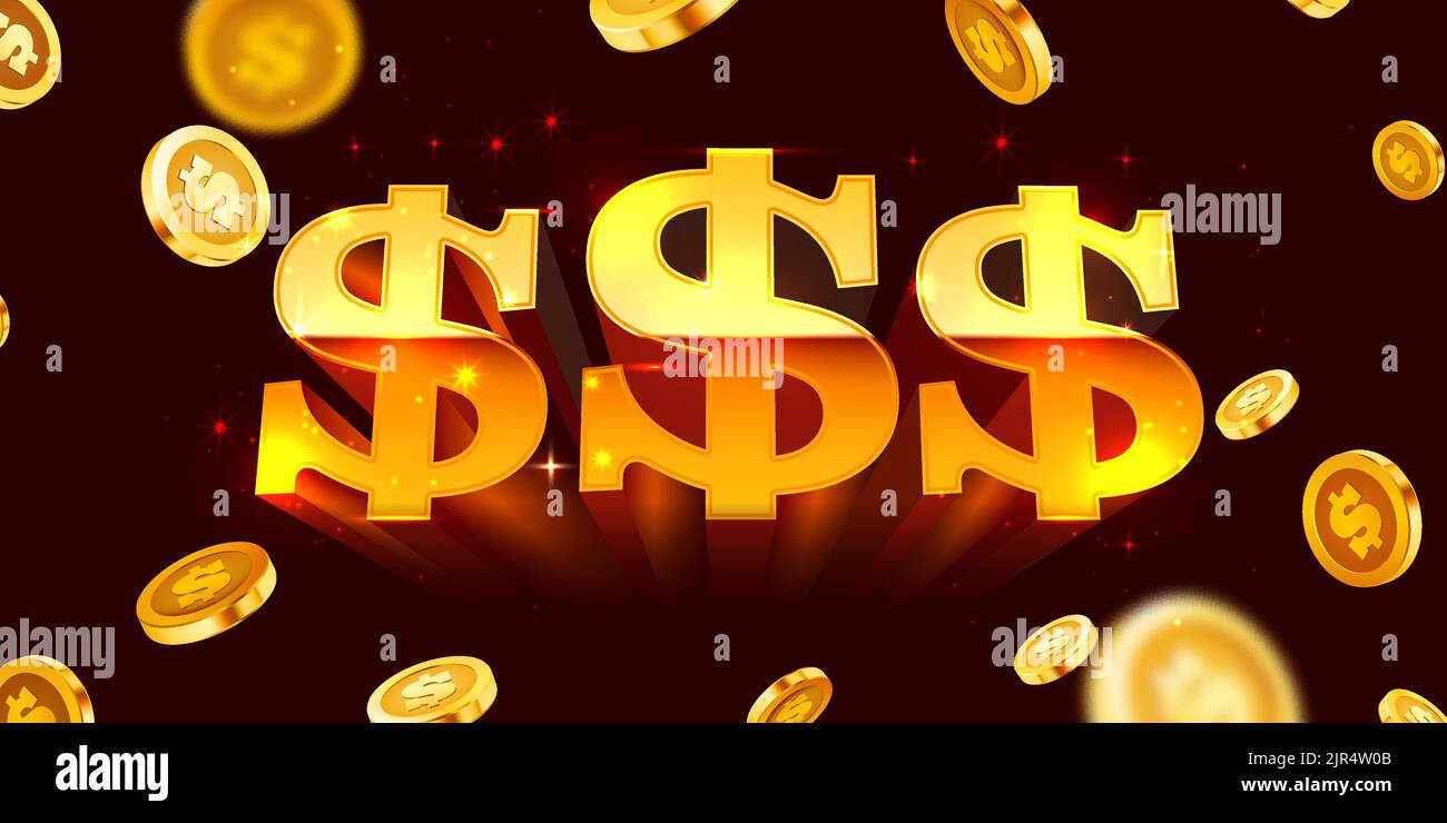 Dollar sign flying out of a pile of gold coins. Big win or income ...