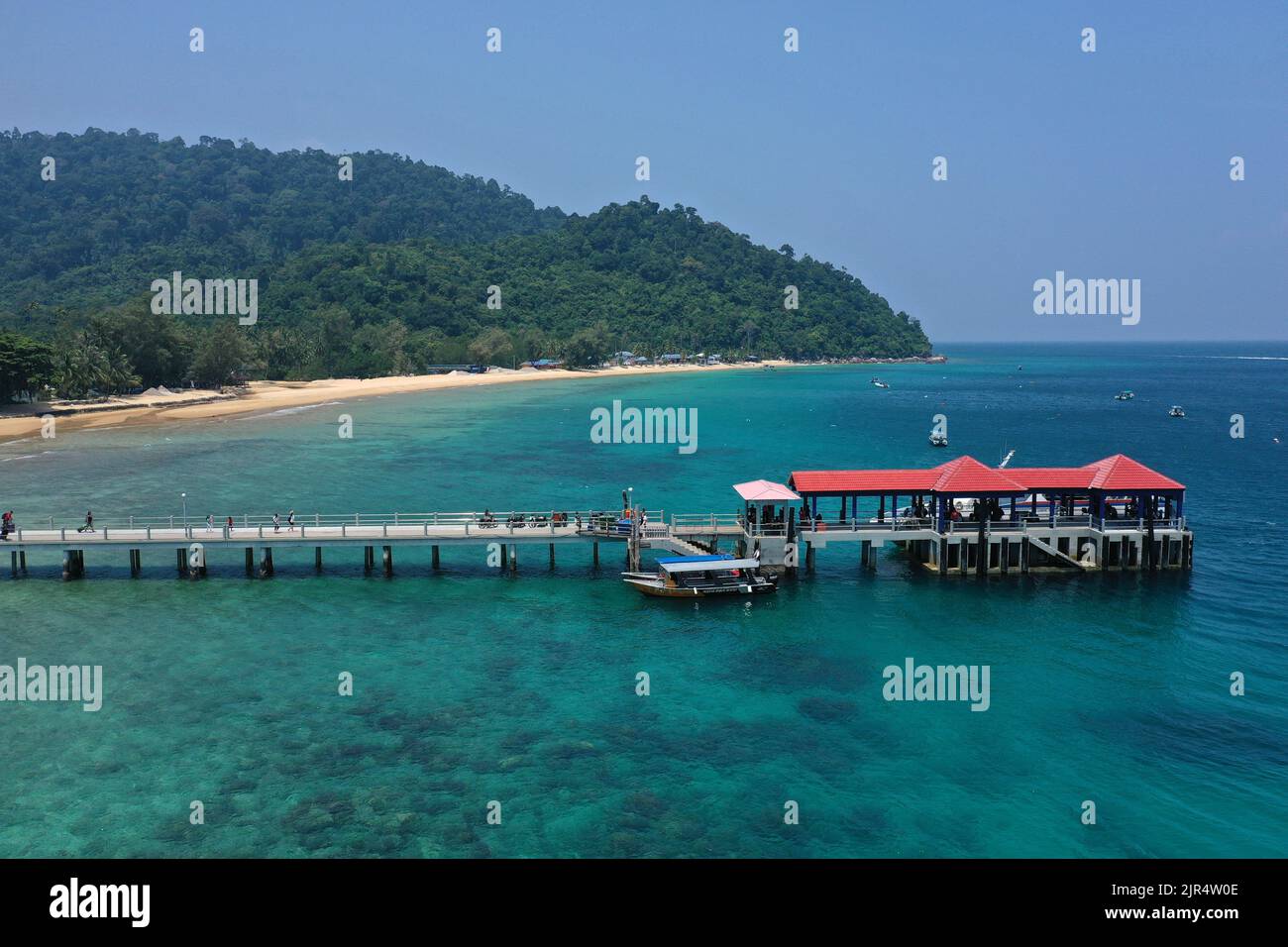 Tioman tropical island drone photo with beautiful blue sea and sky ...