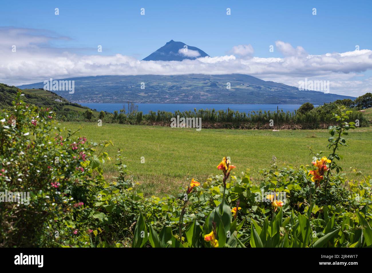 View from the island of Faial to the island of Pico with the volcano ...