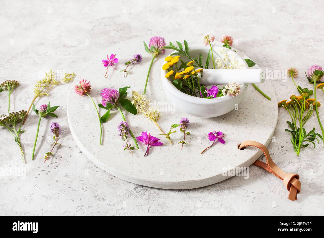 medical flowers herbs in mortar. clover milfoil tansy rosebay. healthy ...