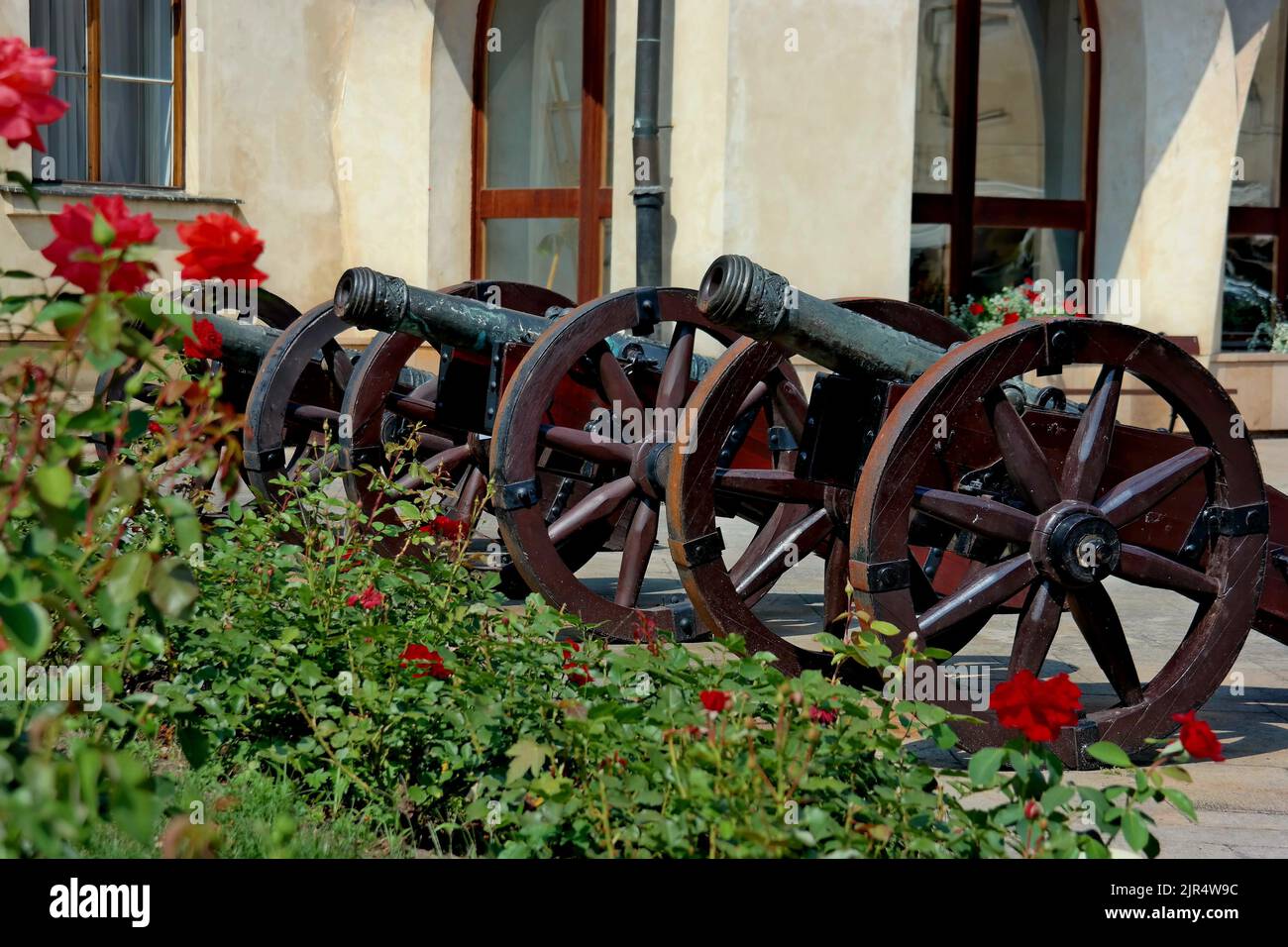 A collection of metal field cannons in the background of a flower ...