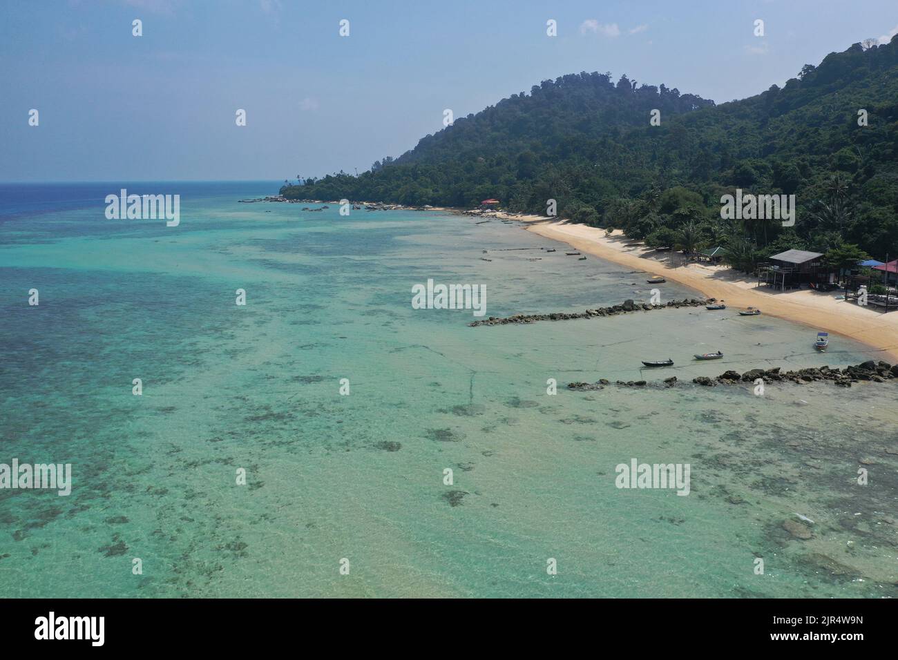 Tioman tropical island drone photo with beautiful blue sea and sky ...
