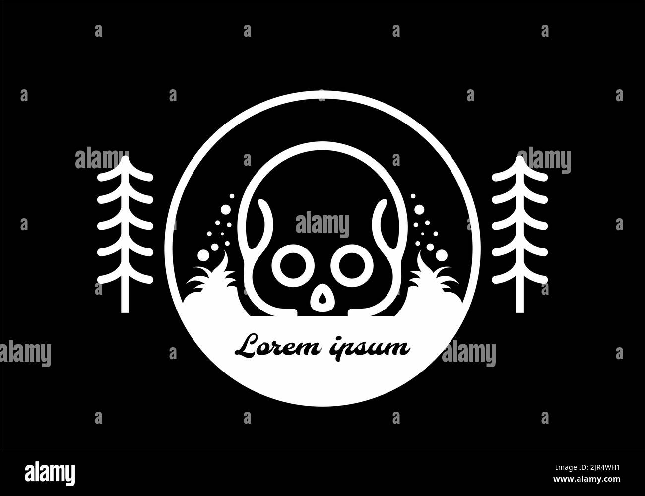 Skull stuck on the ground monoline art in black and white color design ...