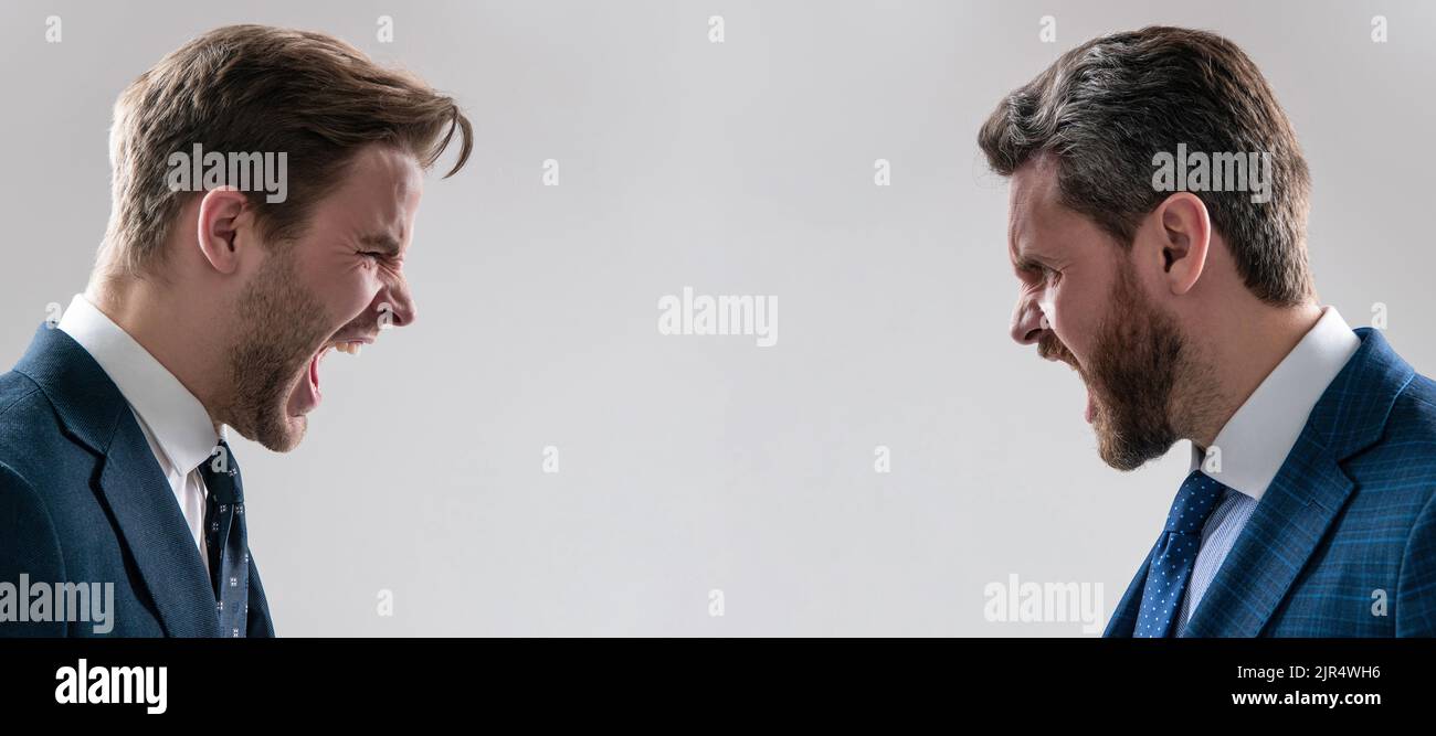 Man face portrait, banner with copy space. arguing businesspeople ...