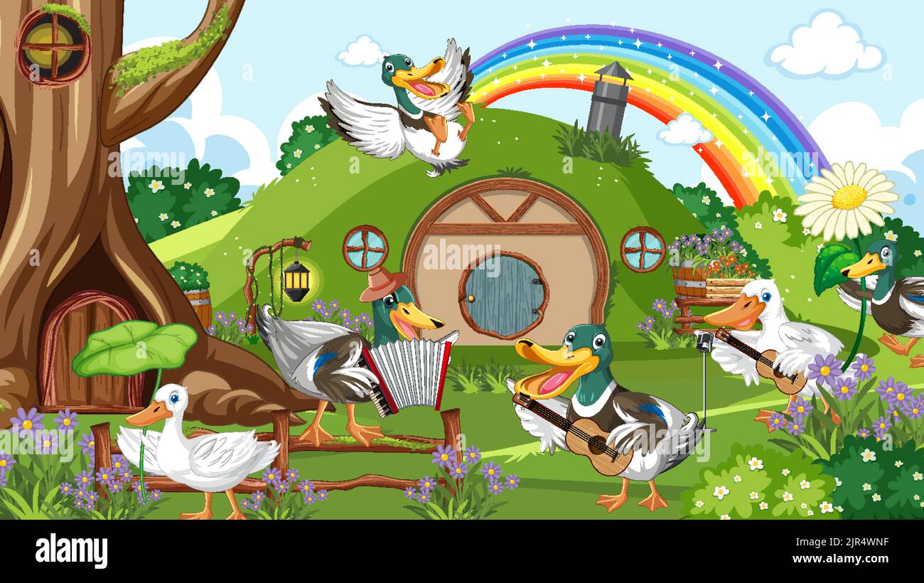 Outdoor scene with cartoon ducks illustration Stock Vector Image & Art ...