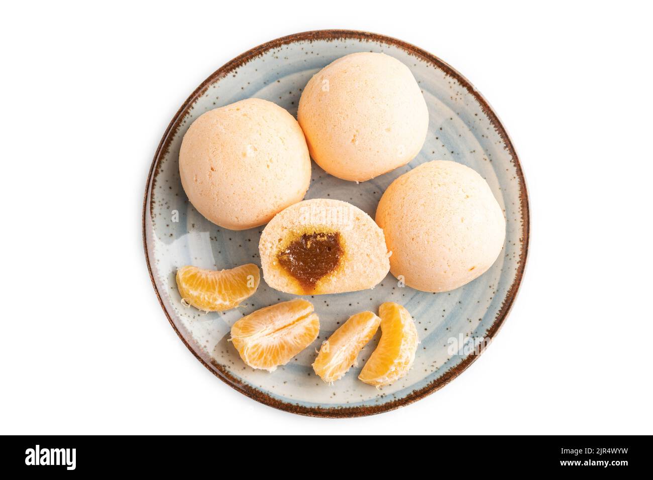 Japanese rice sweet buns mochi filled with jam isolated on white ...