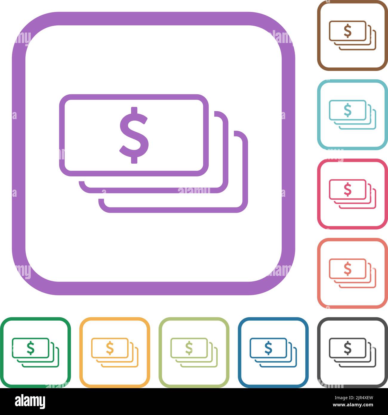 American dollar banknotes outline simple icons in color rounded square ...