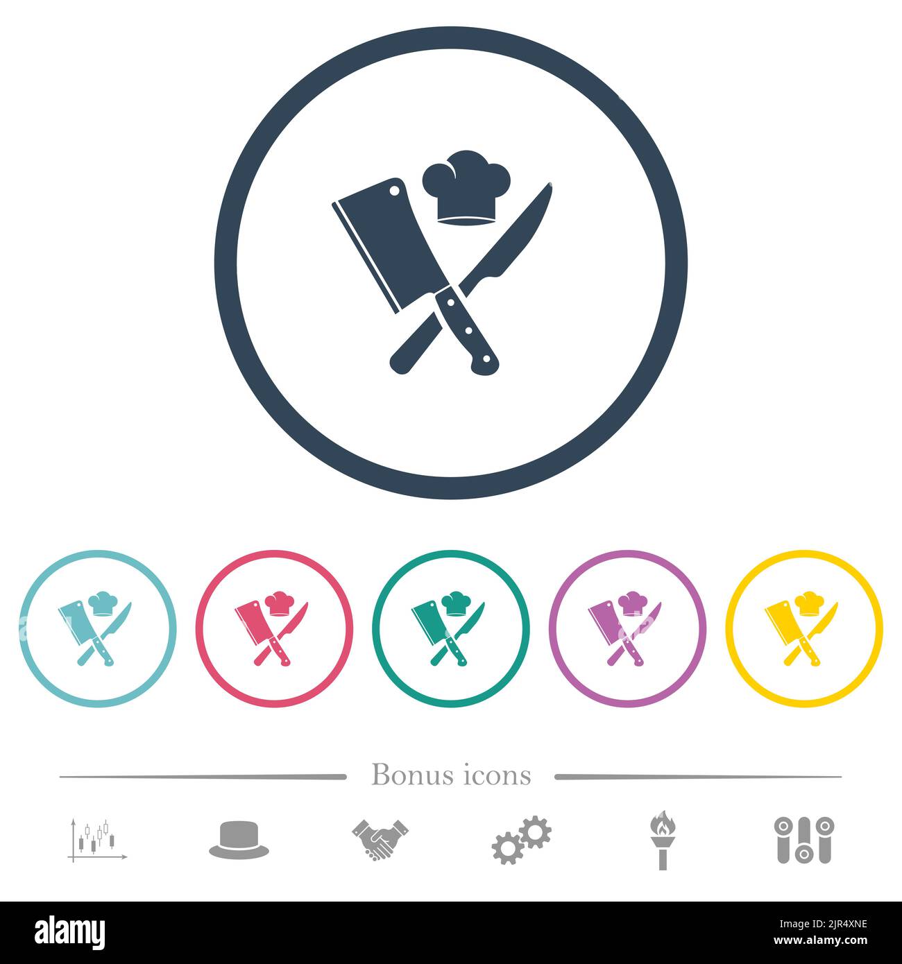 Crossed meat cleaver and knife with chef hat flat color icons in round outlines. 6 bonus icons ...