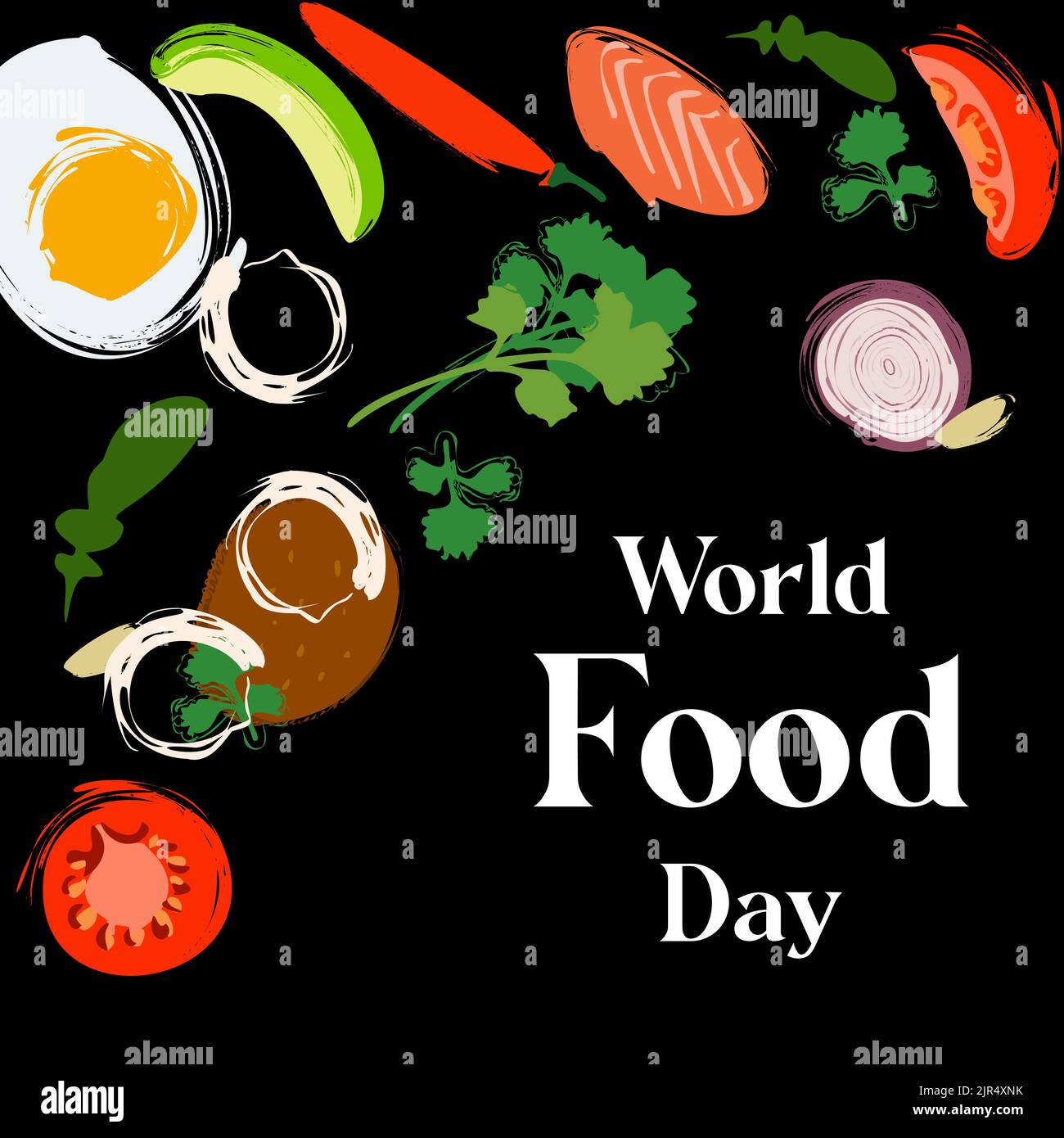 Food illustrations on black background with text World Food Day Stock ...