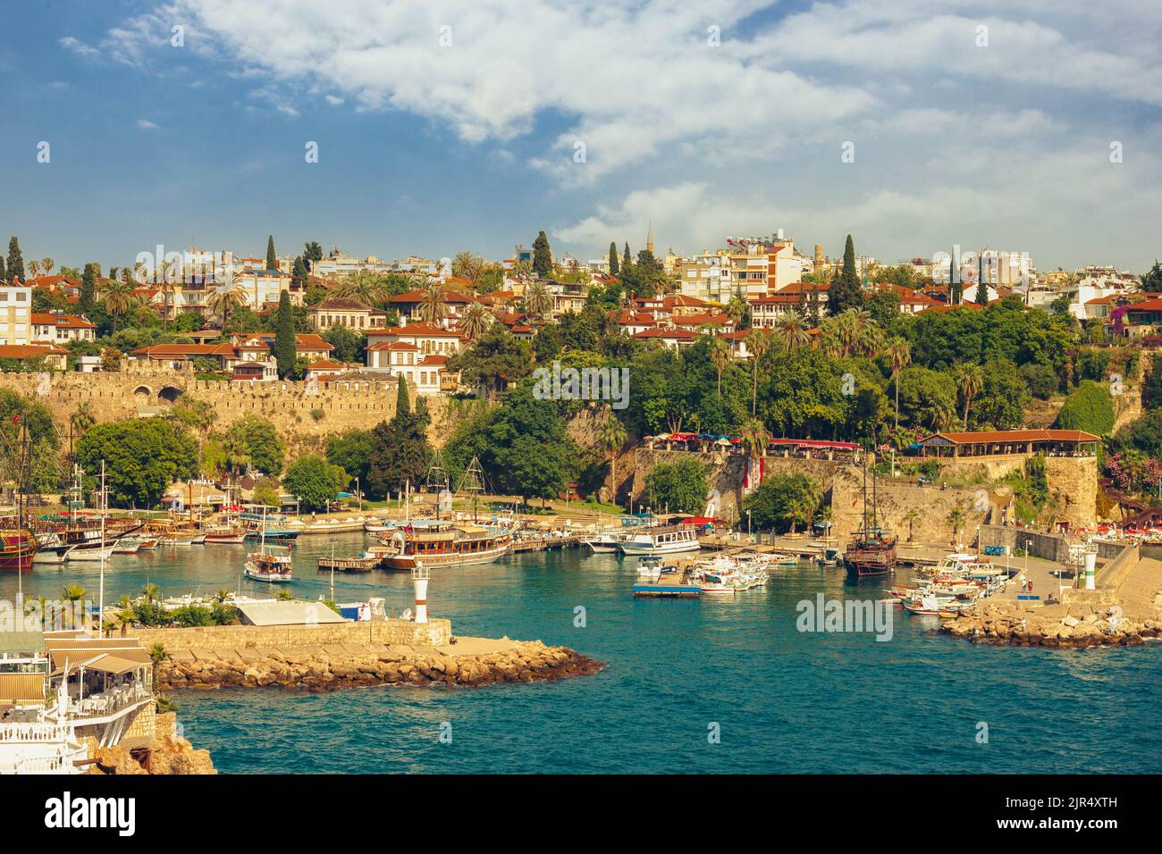 Panoramic view of Antalya Old Town port and Mediterranean Sea, Turkey ...