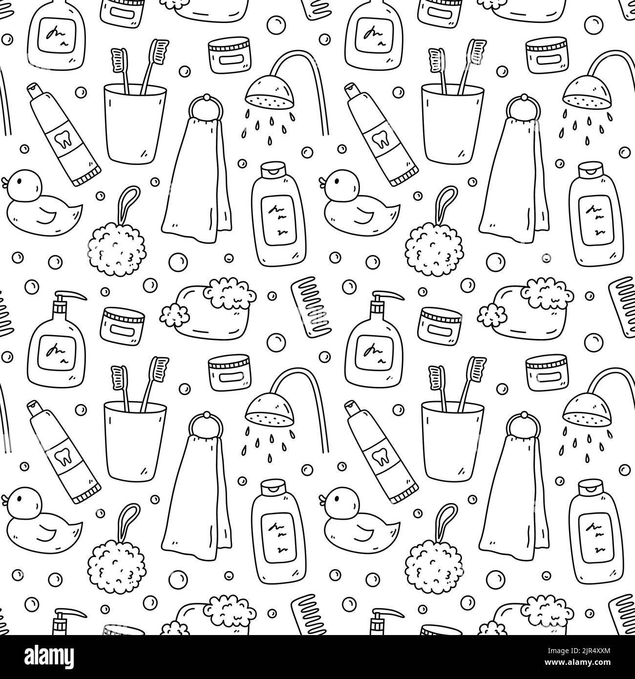 Seamless pattern with bath accessories - shampoo, rubber duck, loofah ...