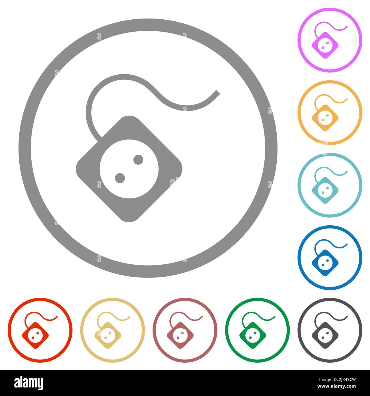 Portable electrical outlet with one socket and cord solid flat color icons in round outlines on ...