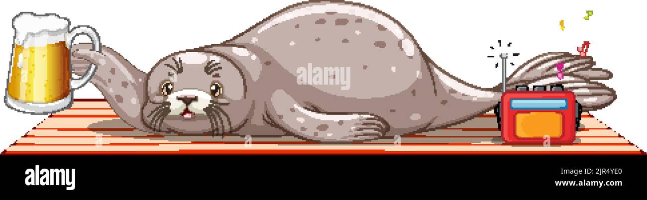 Cute seal drinking beer listening on radio illustration Stock Vector ...