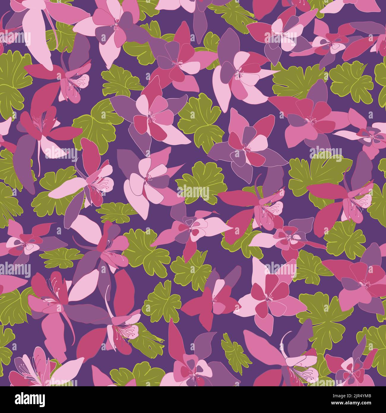 columbine flowers seamless pattern. Hand drawn floral vector botanical ...