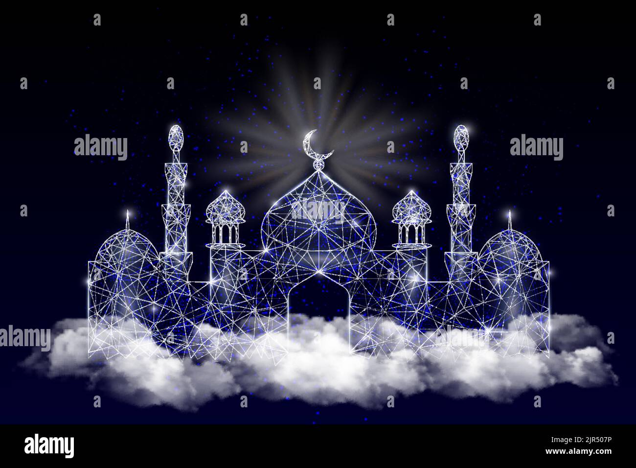 Vector polygonal art style islamic mosque placed on clouds. Low poly ...