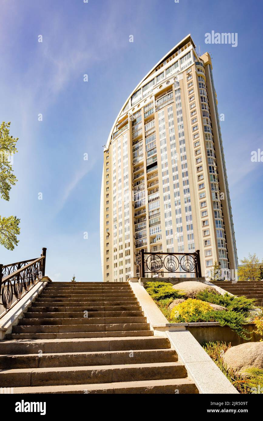 Modern high building in the Obolon district of Kiev, Ukraine, near the ...