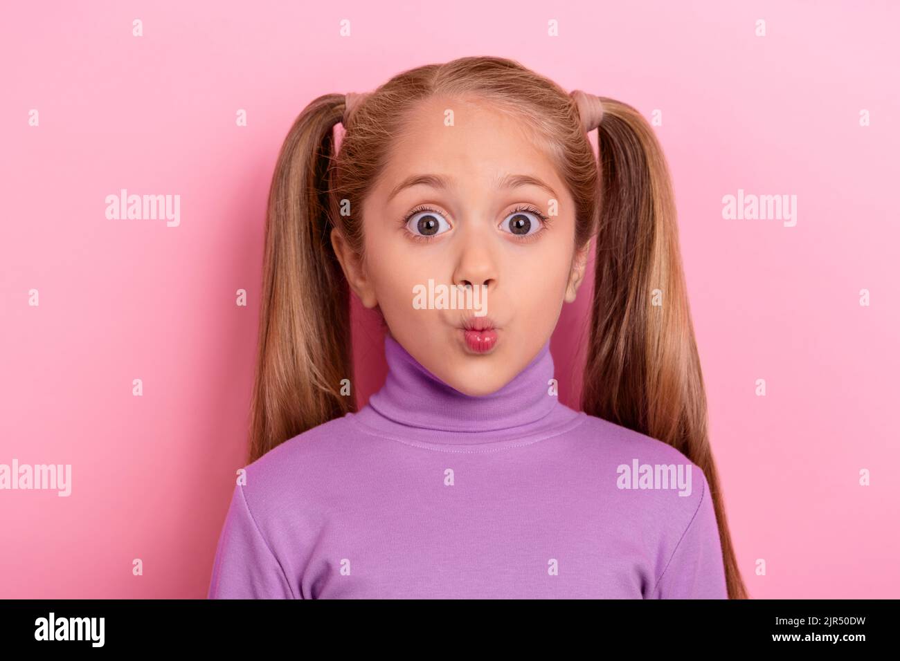 Photo of pretty cute little child girl playing with friends make silly ...