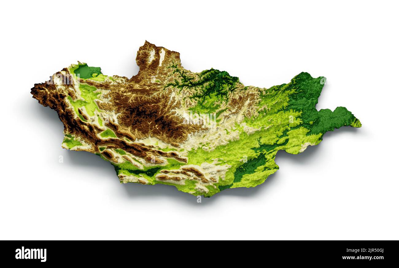 A 3D rendering of the border of Mongolia with relief on a white ...
