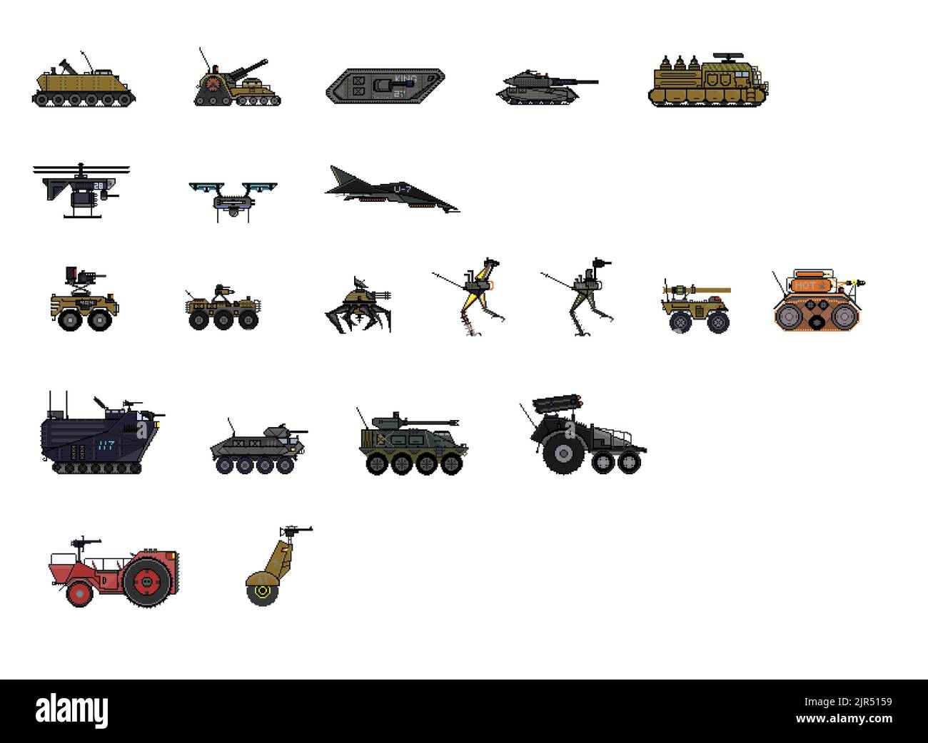 A pixel art of military and construction vehicles and technique set ...