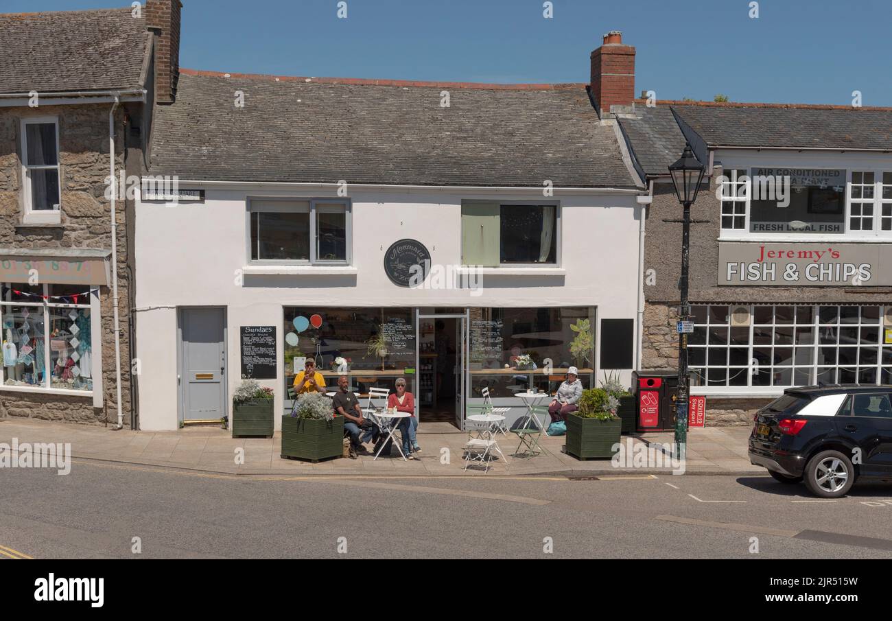 St Just, Cornwall, England, UK. 2022. Eaterys on the town square in St ...