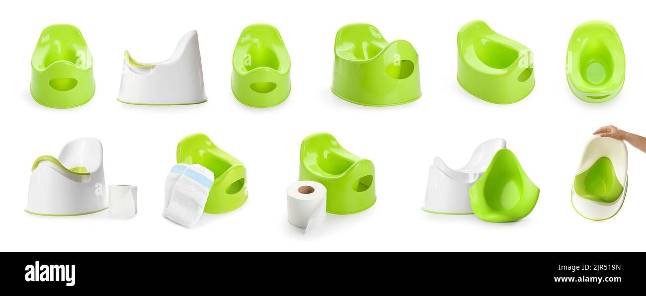 Set of children's potties on white background Stock Photo - Alamy