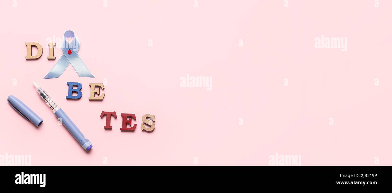 Composition with word DIABETES and lancet pen on light background with ...