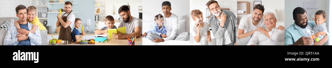 Collage with happy fathers and sons at home Stock Photo - Alamy