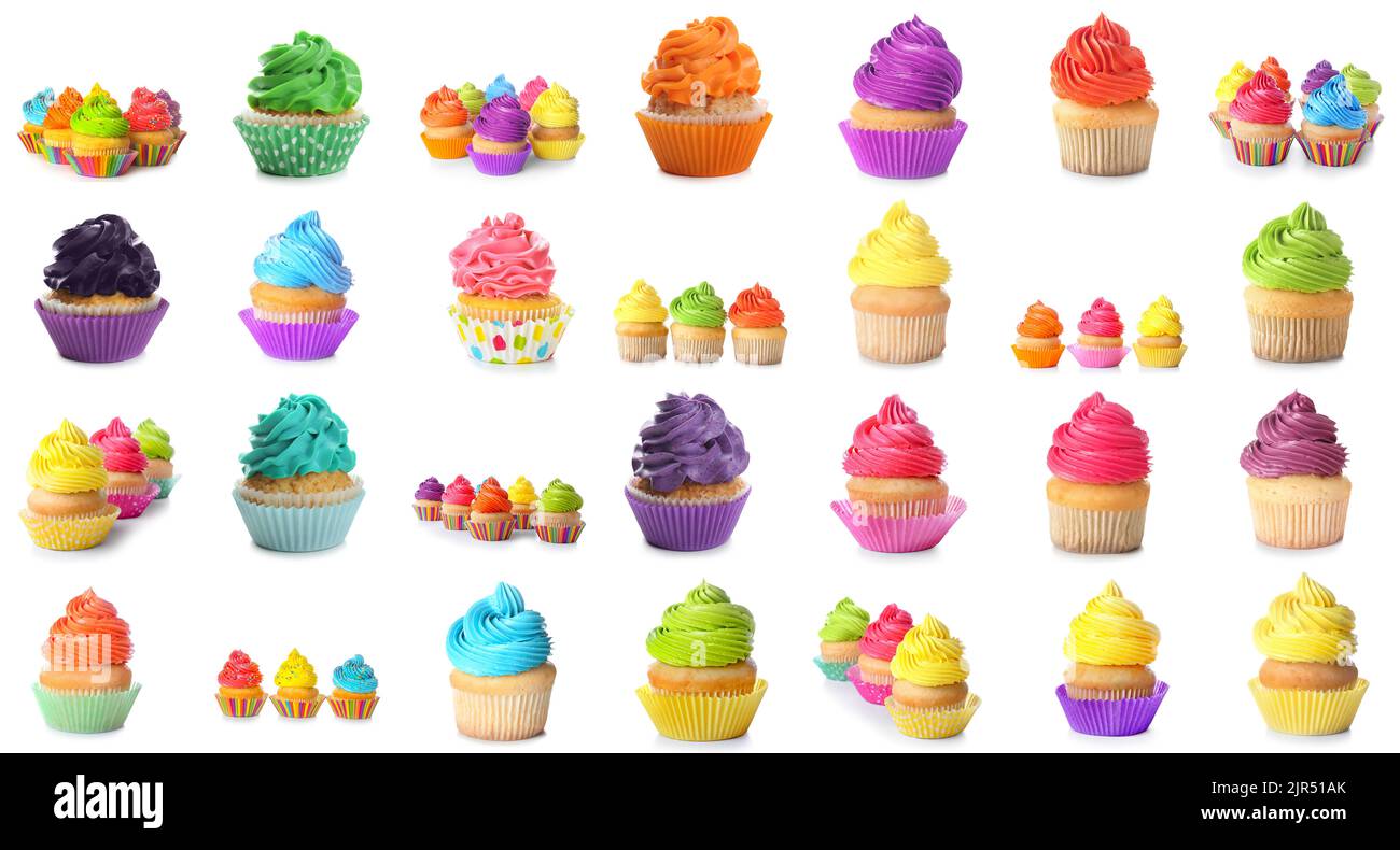 Set of colorful cupcakes isolated on white Stock Photo - Alamy