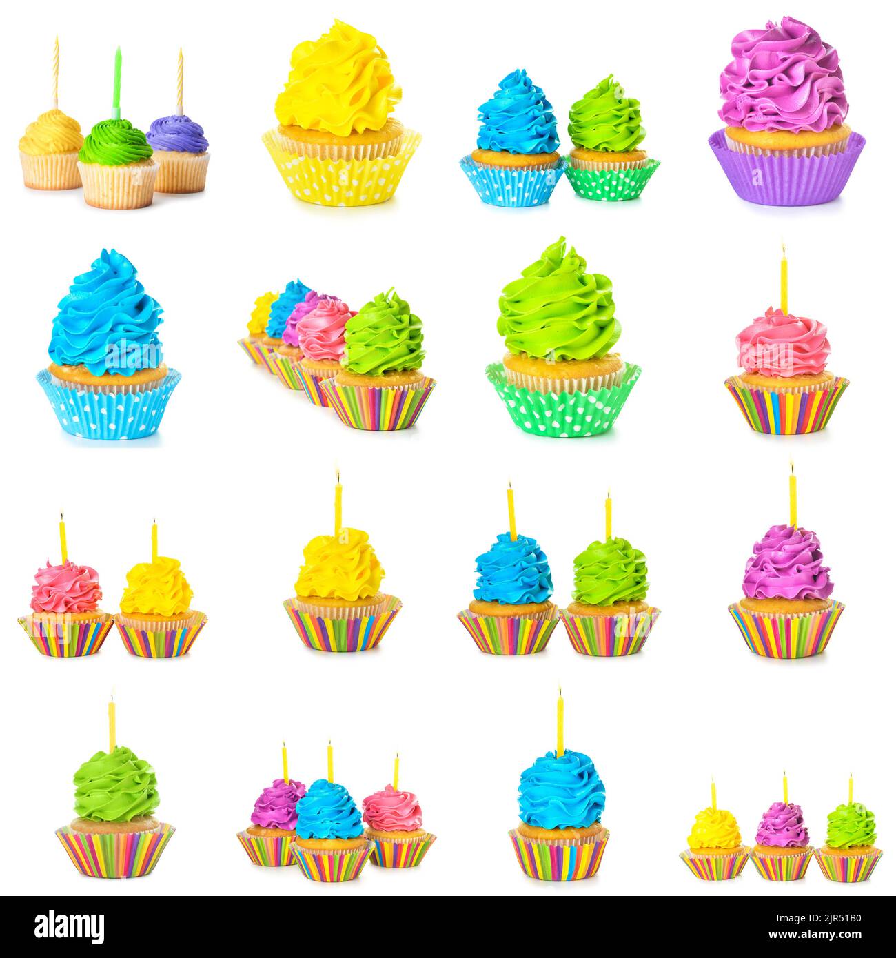 Set of colorful birthday cupcakes isolated on white Stock Photo - Alamy