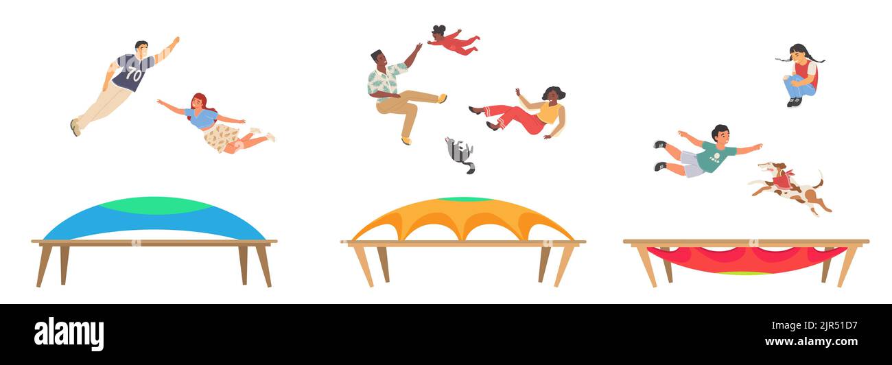 People jumping trampoline vector scene set. Happy couple, family ...