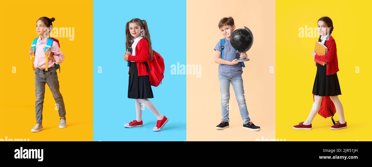 Collage of little school children on color background Stock Photo - Alamy