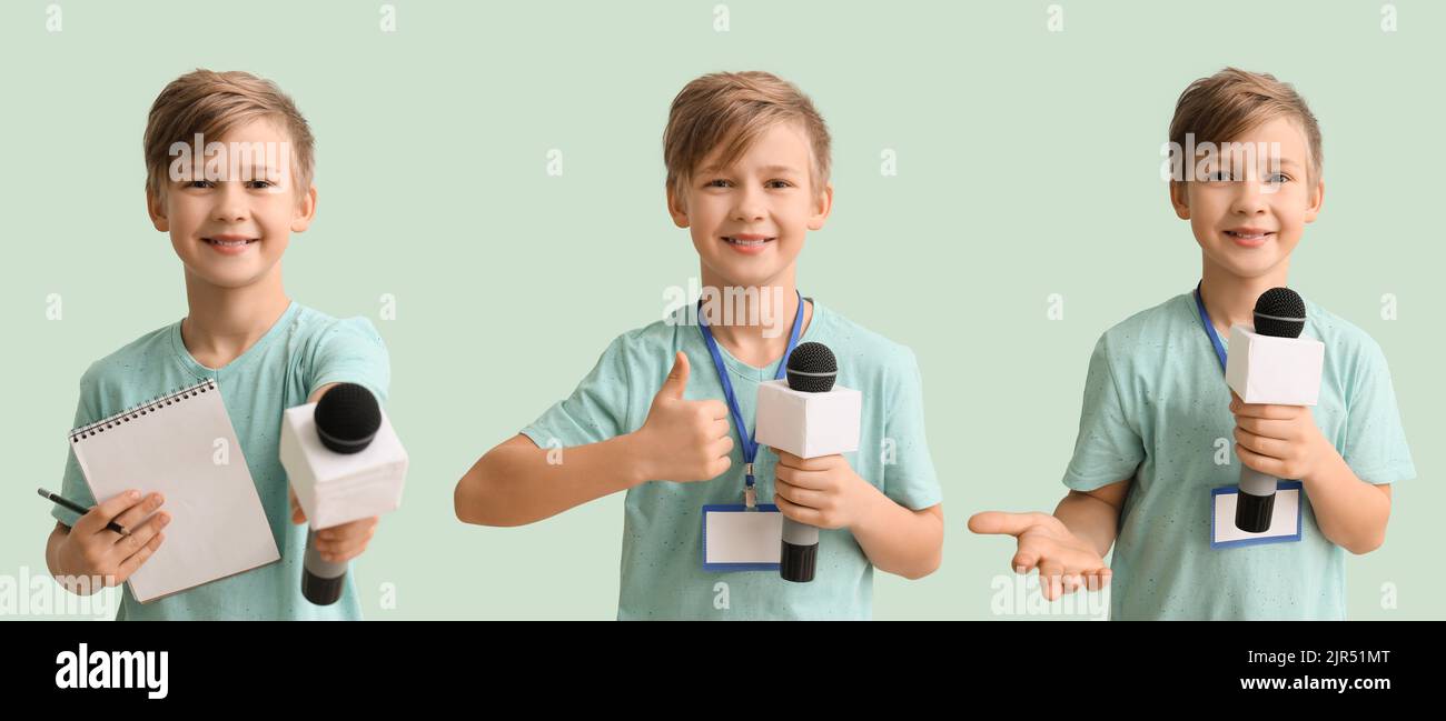 Set of little journalist with microphone on light green background ...