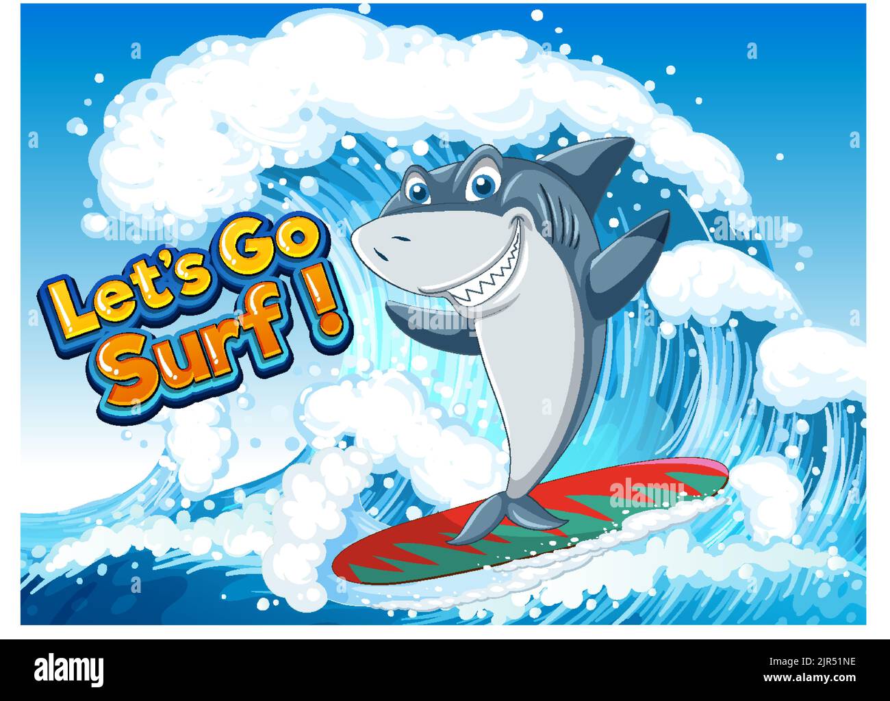 Cute shark cartoon character surfing ocean scene illustration Stock ...