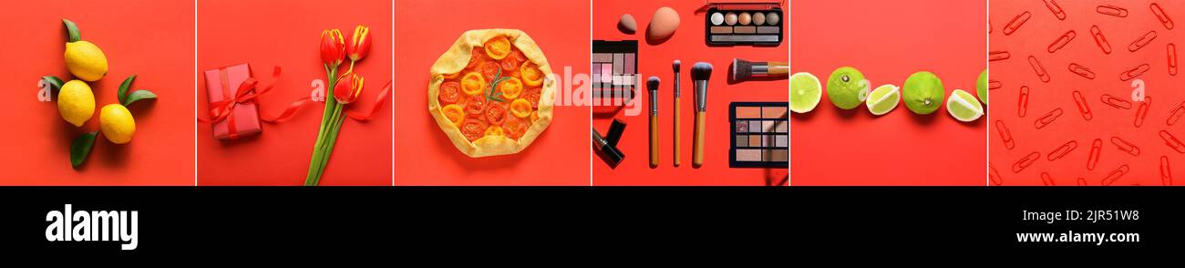 Collection of different items on red background Stock Photo - Alamy