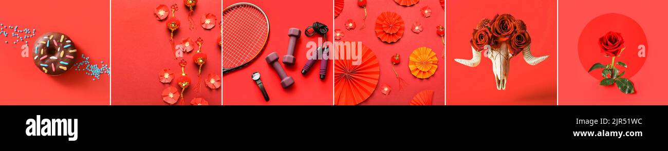 Stylish collection of different items on red background Stock Photo - Alamy
