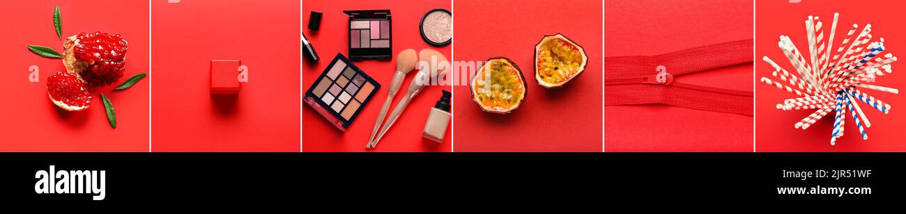 Collage of different things on red background Stock Photo - Alamy