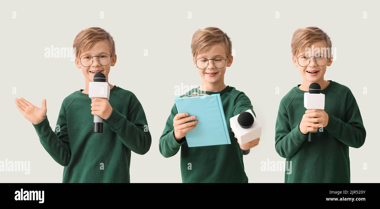 Set of little journalist with microphone on light background Stock ...