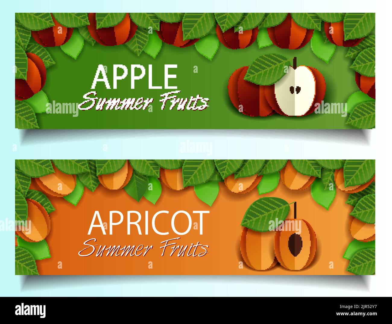 Vector set of fruit banners with paper cut ripe fresh red apple and ...
