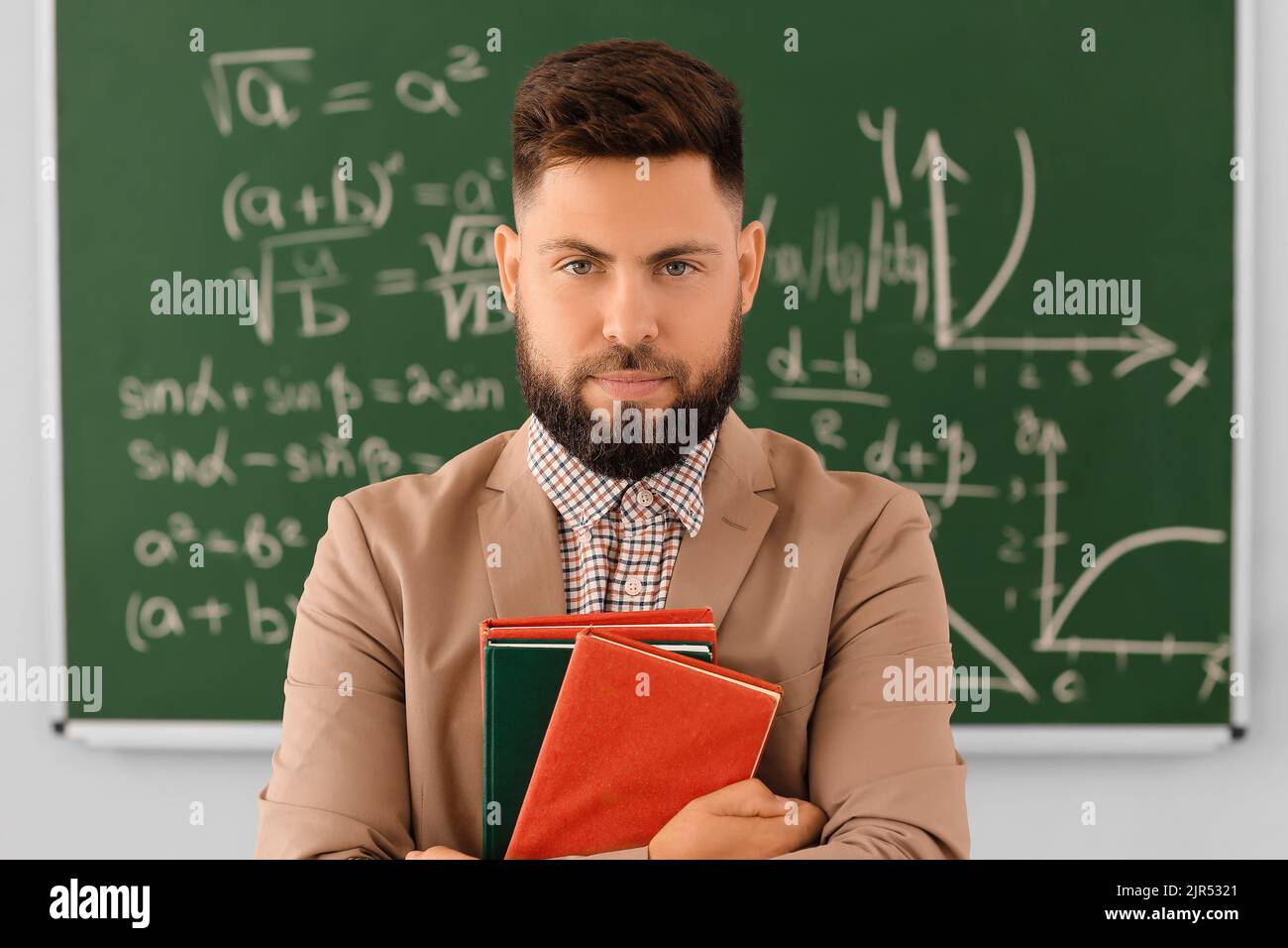 Handsome Math teacher with books in classroom Stock Photo - Alamy