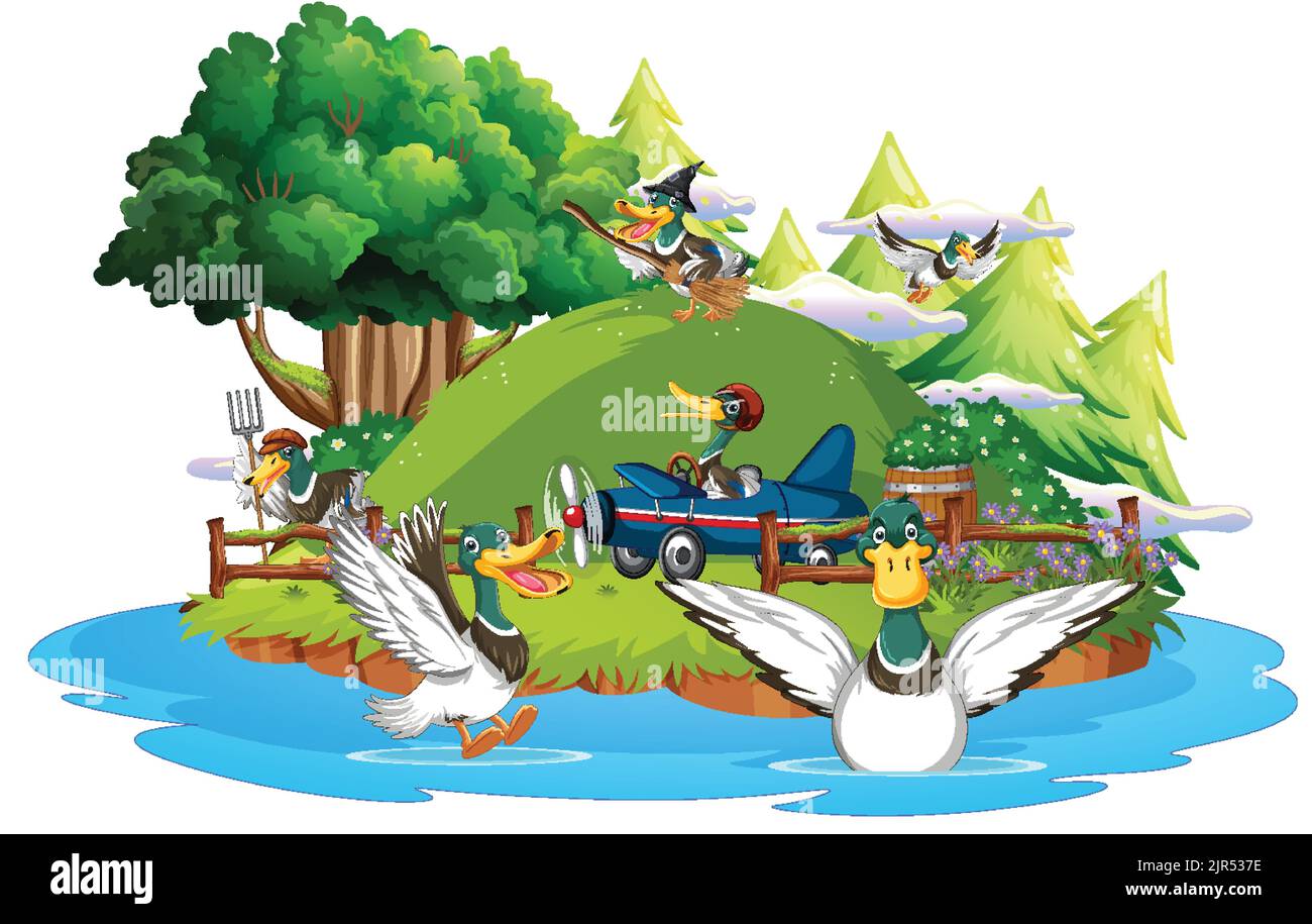 Happy duck group in nature scene illustration Stock Vector Image & Art ...