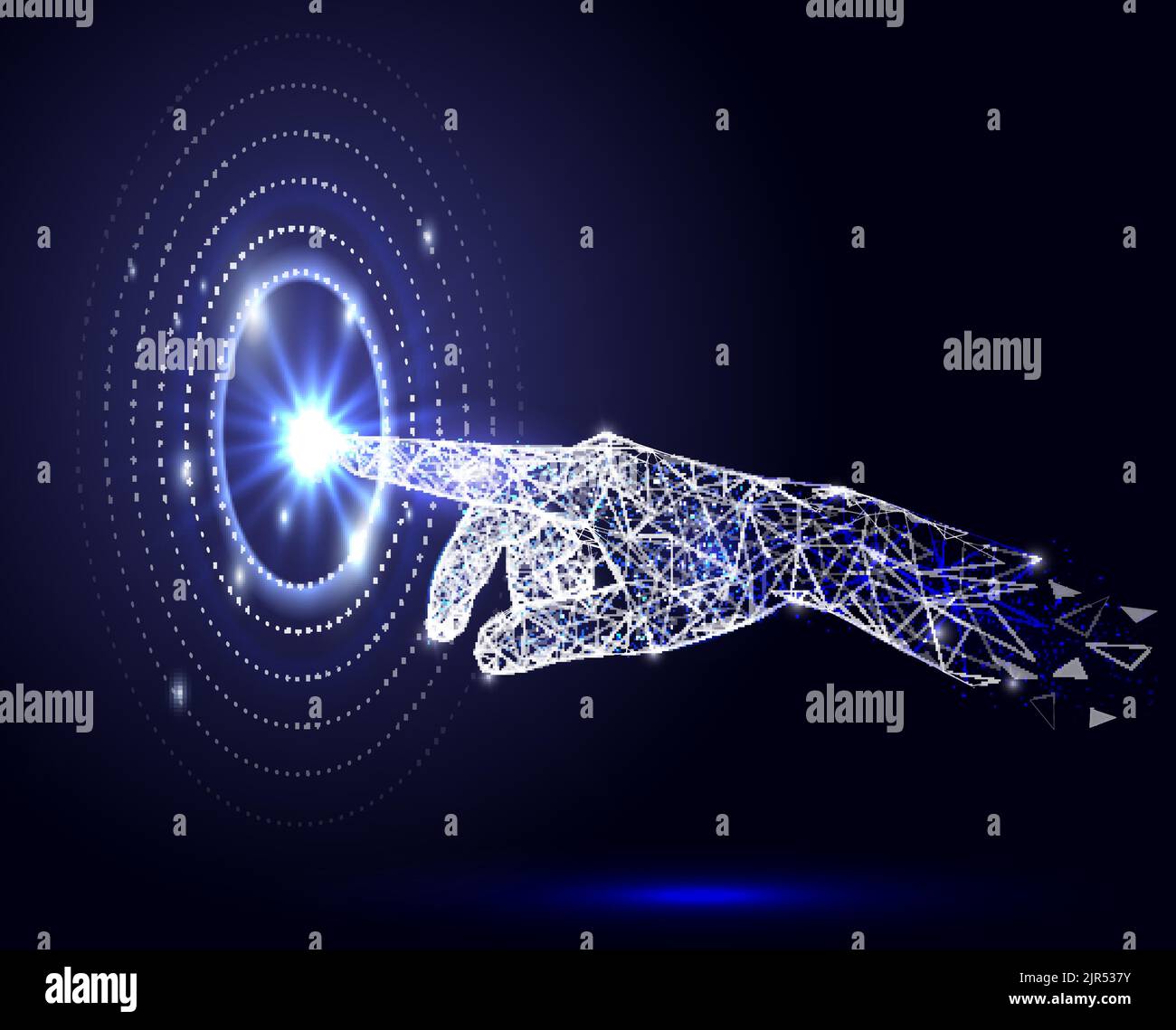 Vector polygonal art style human hand touching glowing point. Low poly ...
