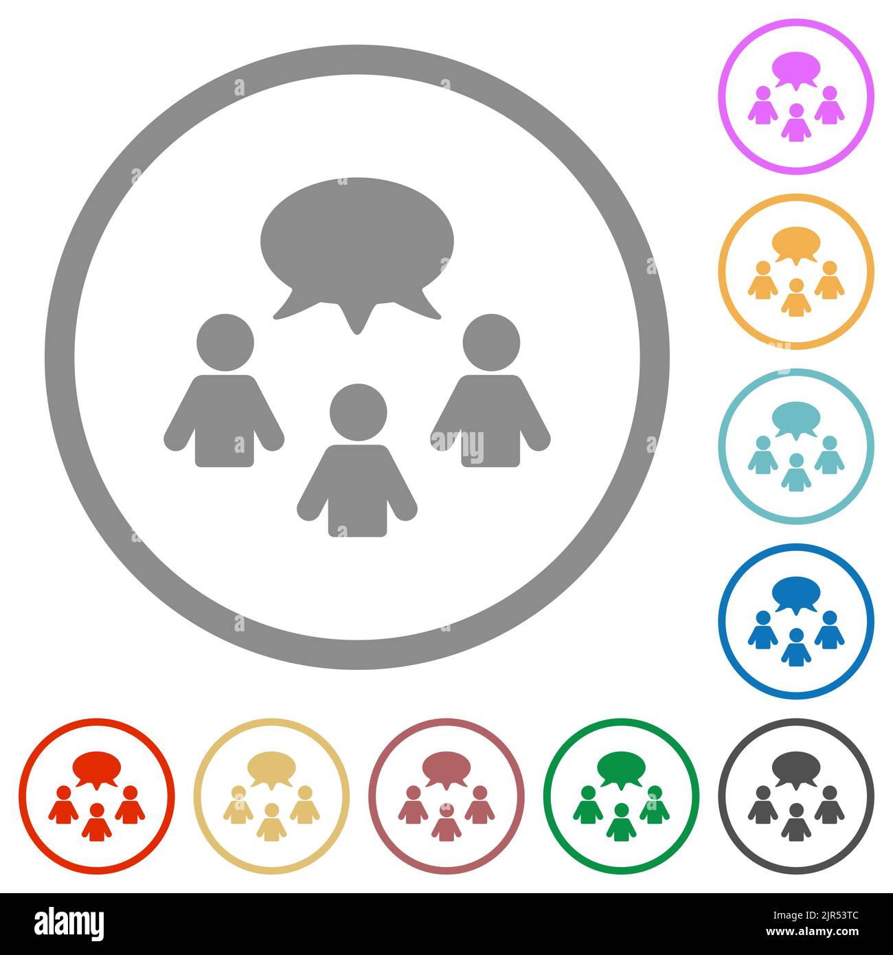 Three talking persons with oval bubble solid flat color icons in round ...
