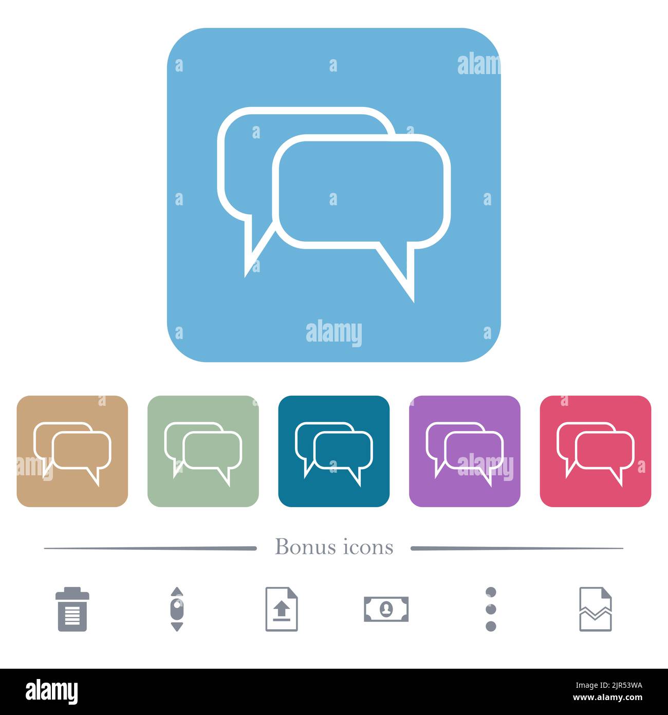 Two rounded square chat bubbles outline white flat icons on color ...