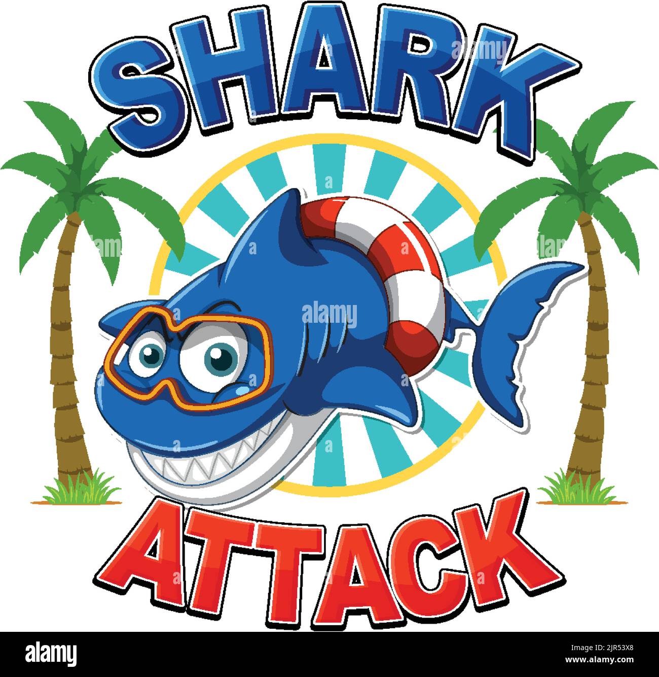 Shark attack icon with cute shark cartoon character illustration Stock ...