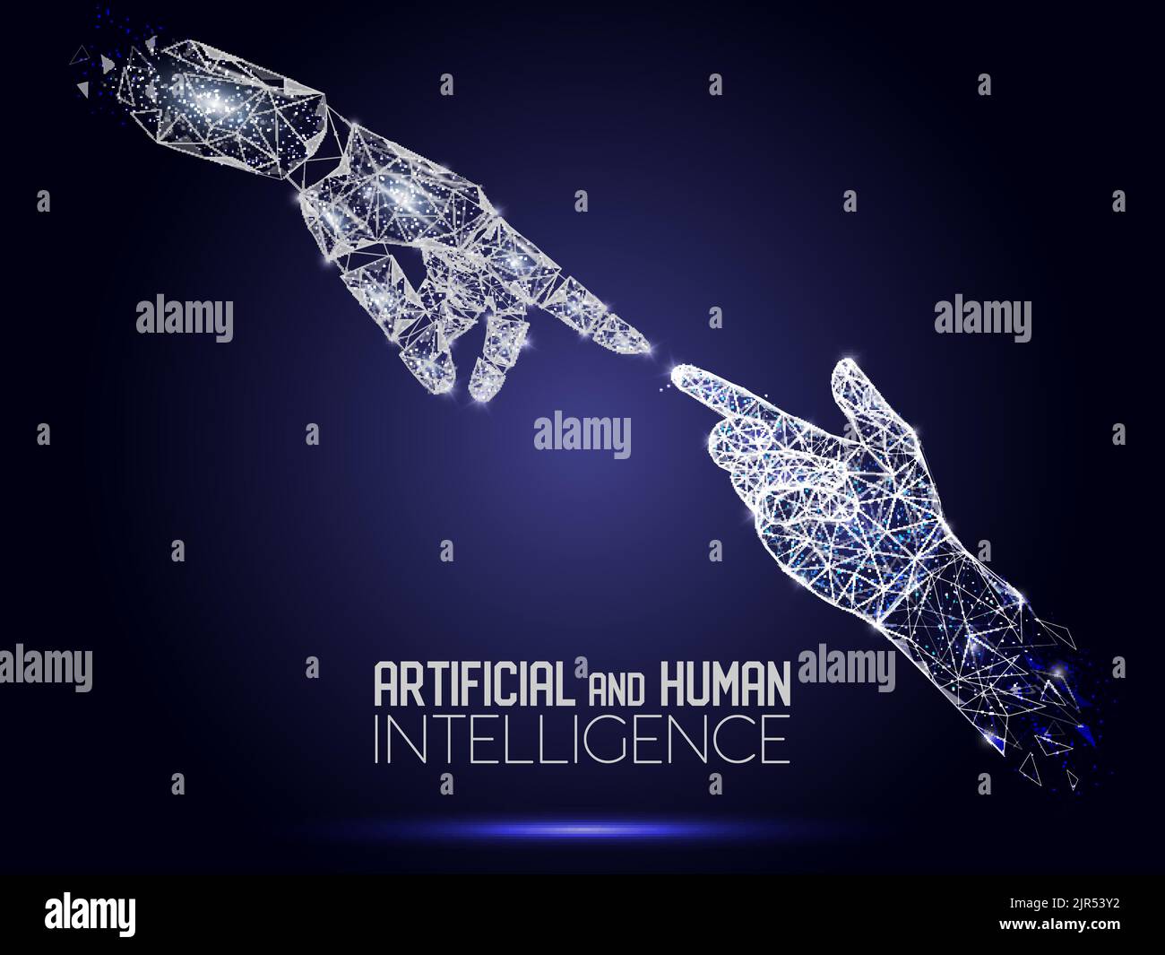 Vector polygonal art style artificial and human intelligence touching ...