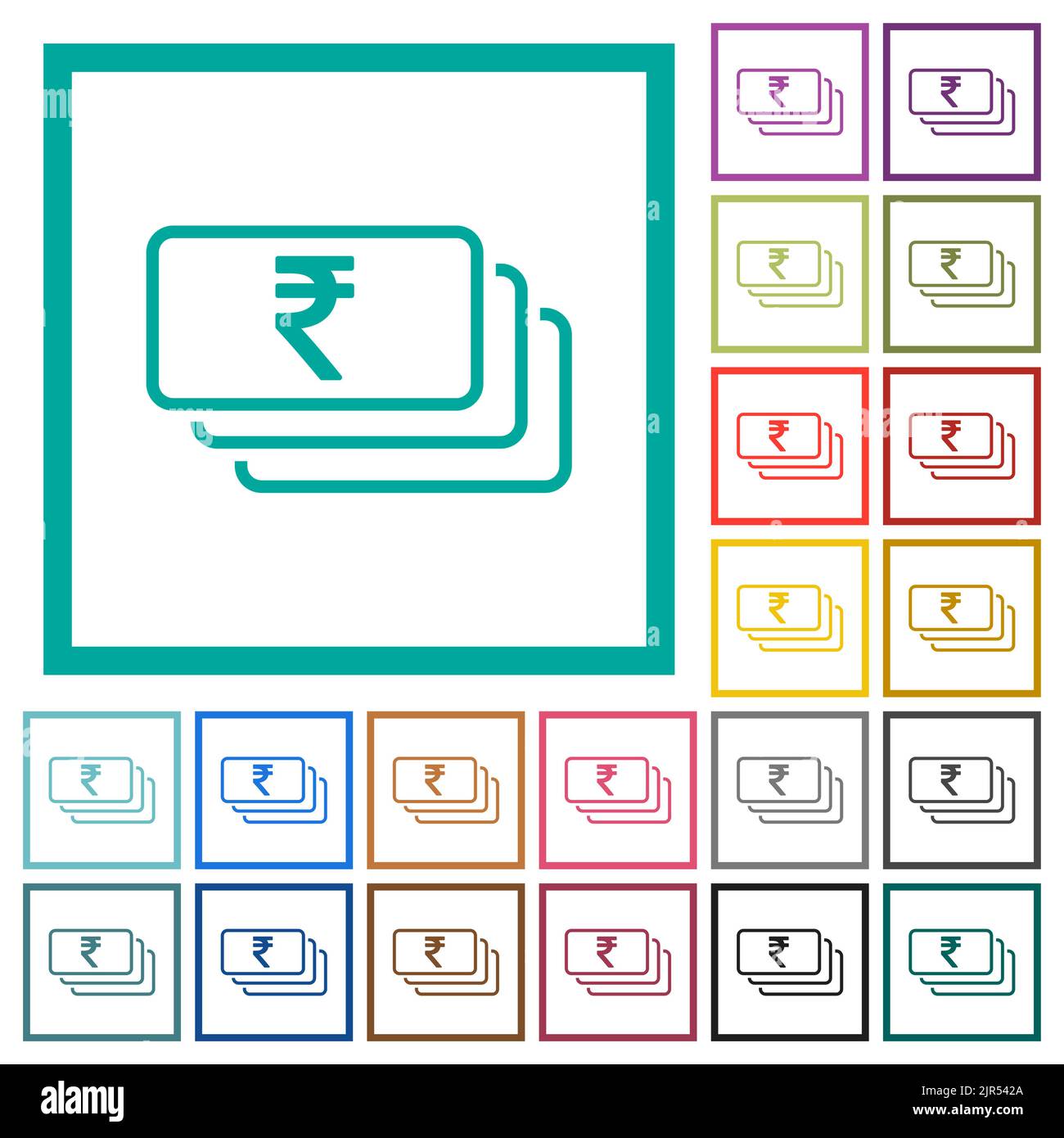 Indian Rupee banknotes outline flat color icons with quadrant frames on ...