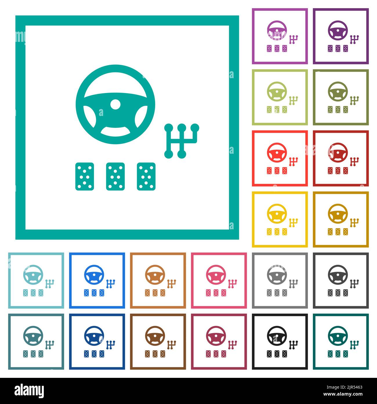 Car controls flat color icons with quadrant frames on white background ...