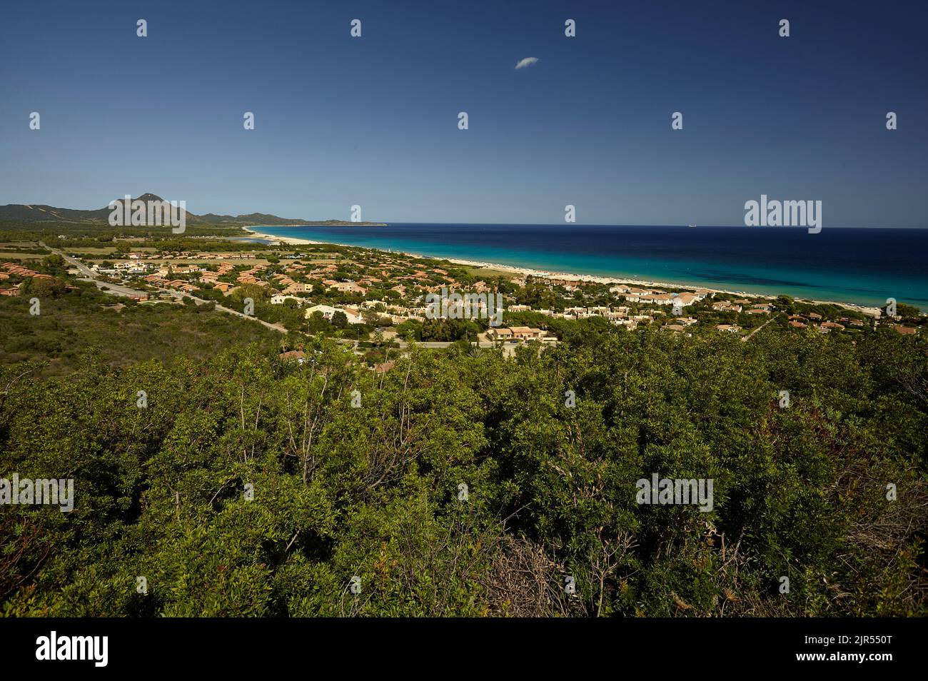 Aerial view of the village of Costa Rei in the south of Sardinia: a ...